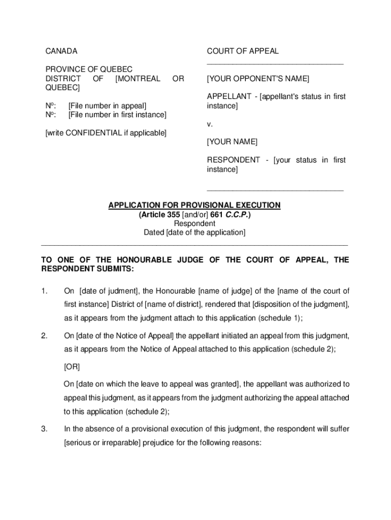 Fillable Online APPLICATION FOR PROVISIONAL EXECUTION Fax Email Print ...