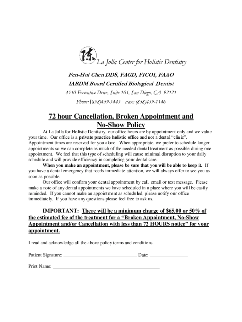 Fillable Online 72 hour Cancellation, Broken Appointment and No-Show ...