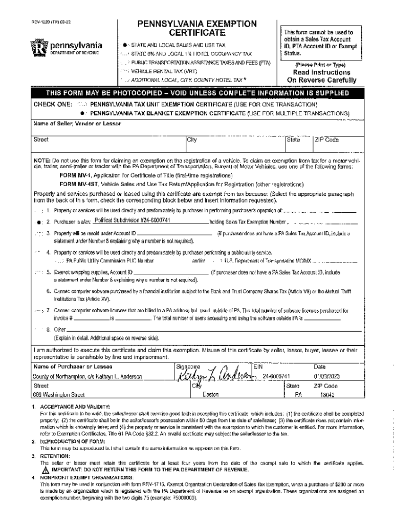 Fillable Online Pennsylvania Exemption Certificate. Pennsylvania ...