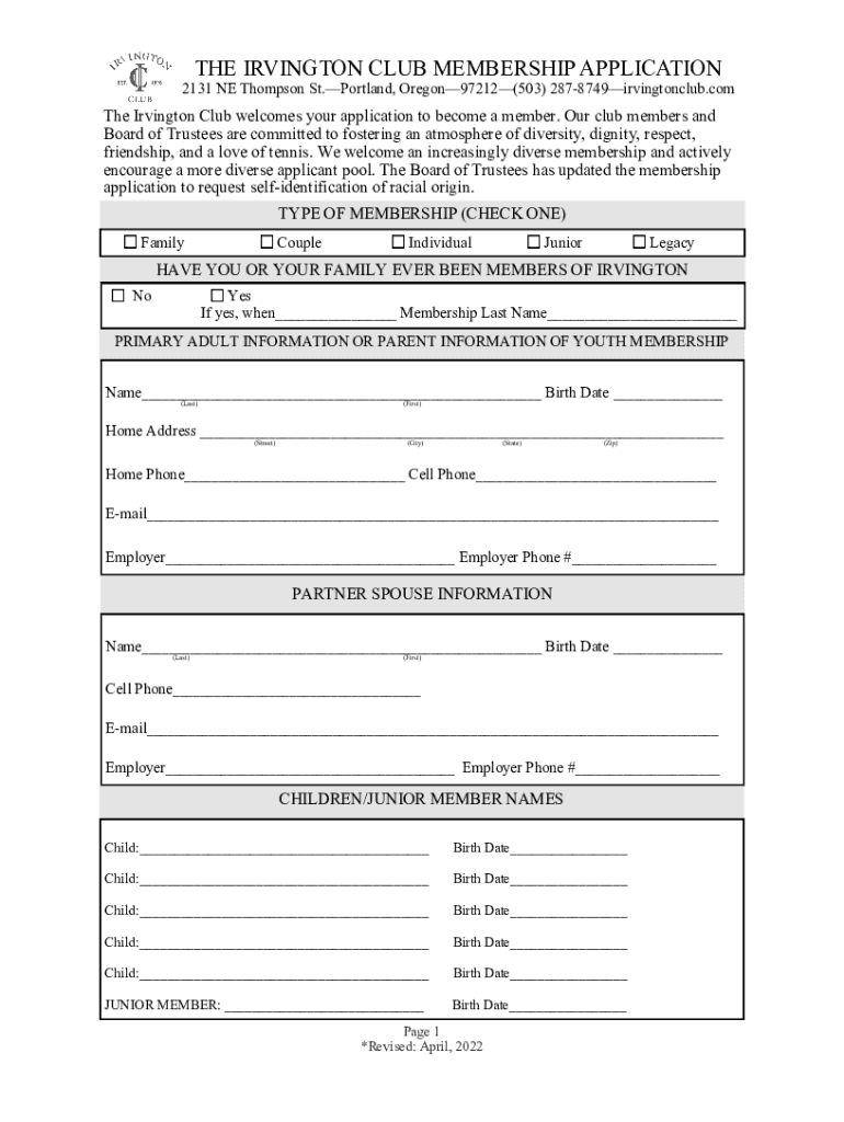 Fillable Online THE IRVINGTON CLUBTo share among our members and ...