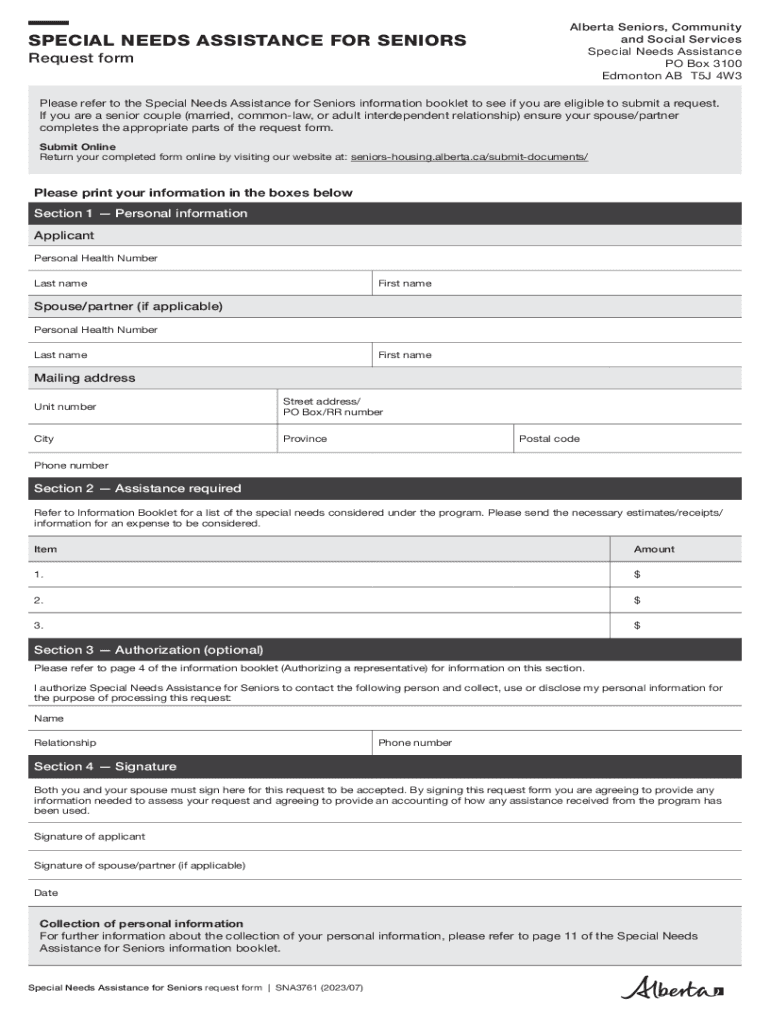 Fillable Online Specail Needs Assistance for Seniors Request Form July 2023. Special Needs ...