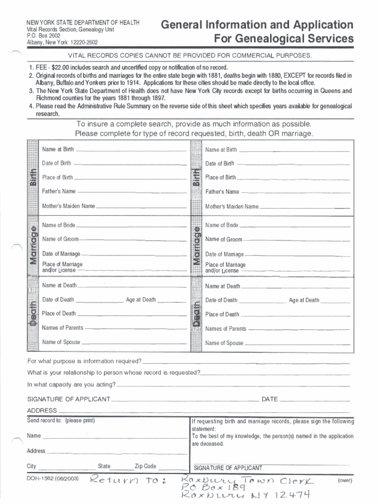 Fillable Online Genealogy Request Application Fax Email Print - pdfFiller