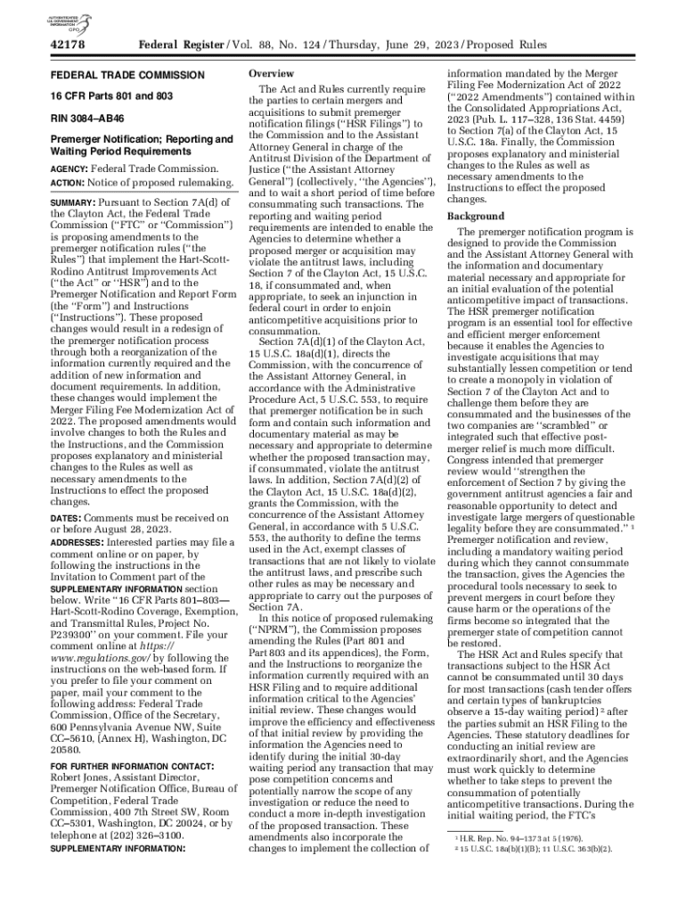 Fillable Online FTC and DOJ Propose Wide Ranging Changes to HSR ... Fax ...