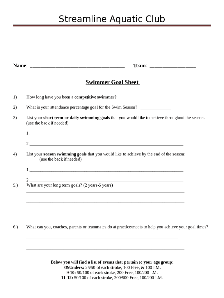 Goal Sheet for the 2016 - 2017 Swim Season Doc Template | pdfFiller