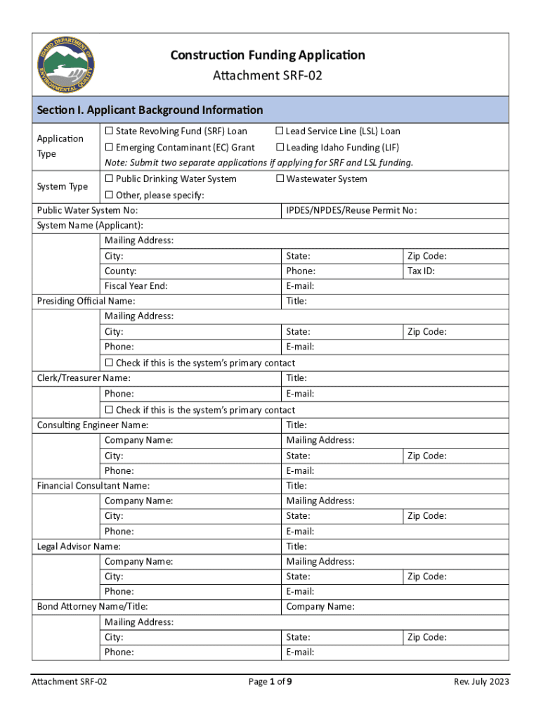 Fillable Online www2 deq idaho Drinking Water State Revolving Fund (SRF ...