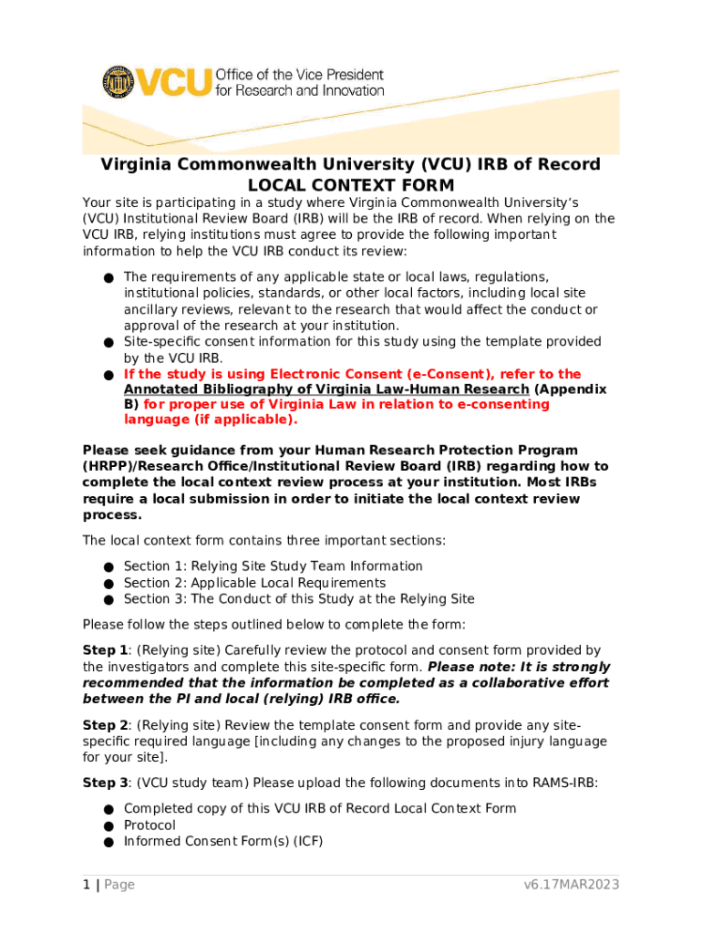 VCU IRB of record local context - research vcu Doc Template | pdfFiller