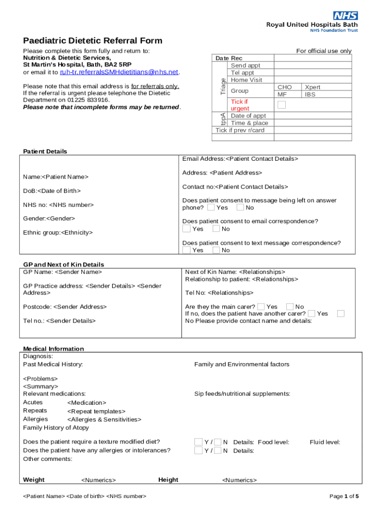 Paediatric Dietetic Referral Doc Template | pdfFiller