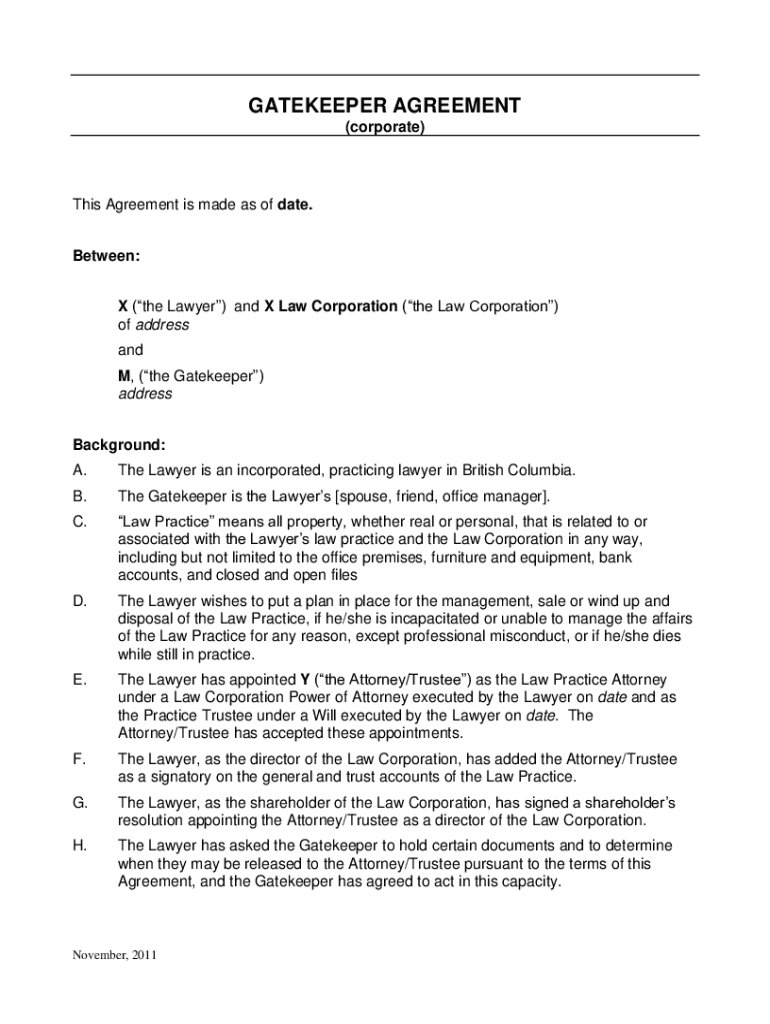 Fillable Online Practice Resources: Gatekeeper Agreement, corporate Fax Email Print - pdfFiller