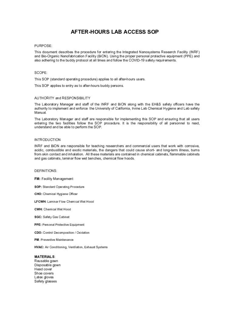 Fillable Online SOP for After Hour Lab Access Edit 6.1 Fax Email Print ...