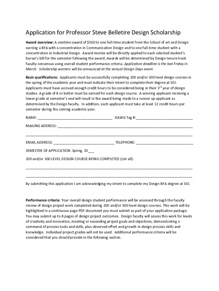 Fillable Online Application for Professor Steve Belletire Design Scholarship Fax Email Print ...