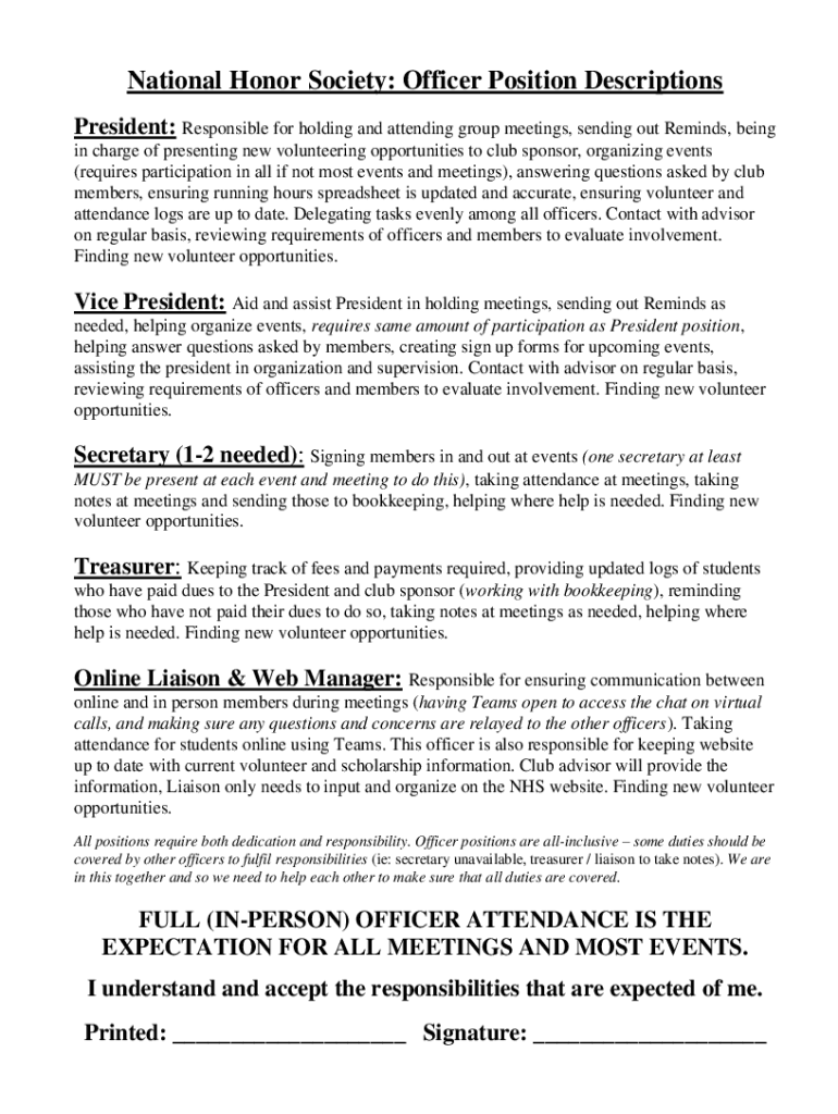 Fillable Online National Honor Society: Officer Position Descriptions ...