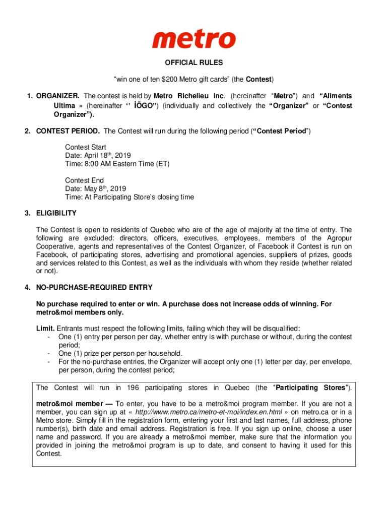 Fillable Online OFFICIAL RULES win one of ten $200 Metro gift cards ( ... Fax Email Print ...
