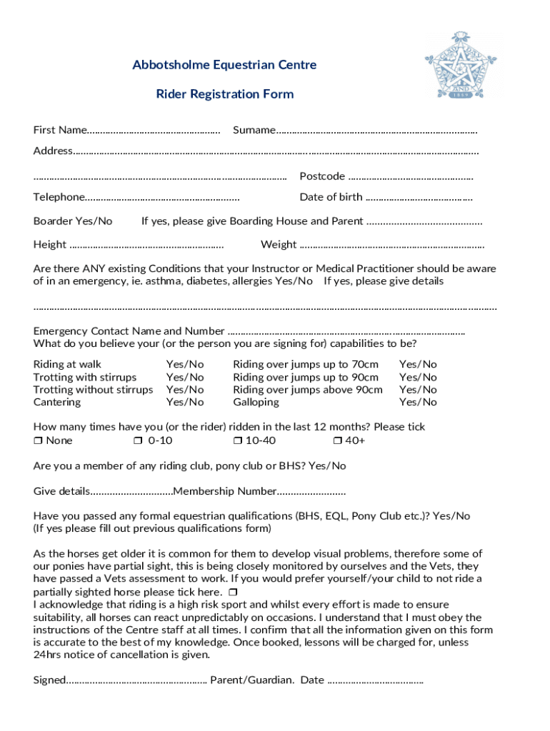 Fillable Online Fillable Online Equestrian Centre Rider Registration ...