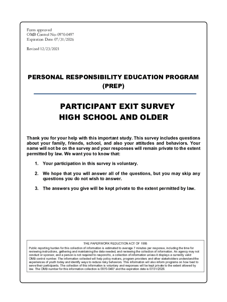 Fillable Online PREP Participant HS Exit Survey. Personal ...
