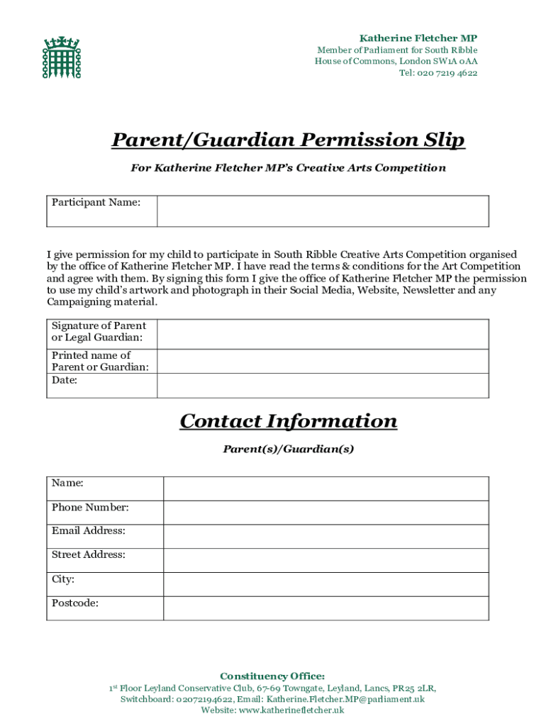 Fillable Online Parent/Guardian Permission Slip - Katherine Fletcher MP Fax Email Print - pdfFiller