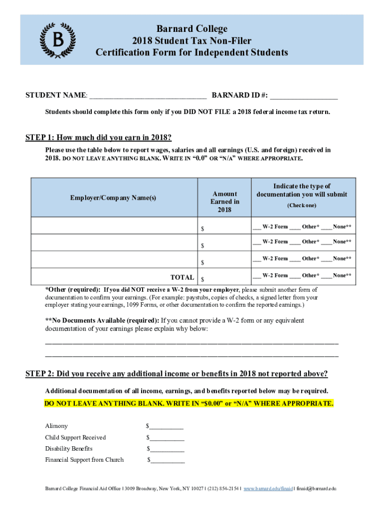 Fillable Online 2018 Parent Tax Non-Filer Form (Alternative) ... Fax ...