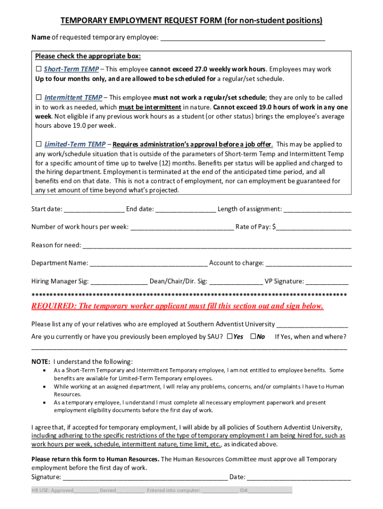 Fillable Online TEMPORARY NONSTUDENT EMPLOYMENT REQUEST ... Fax Email Print - pdfFiller