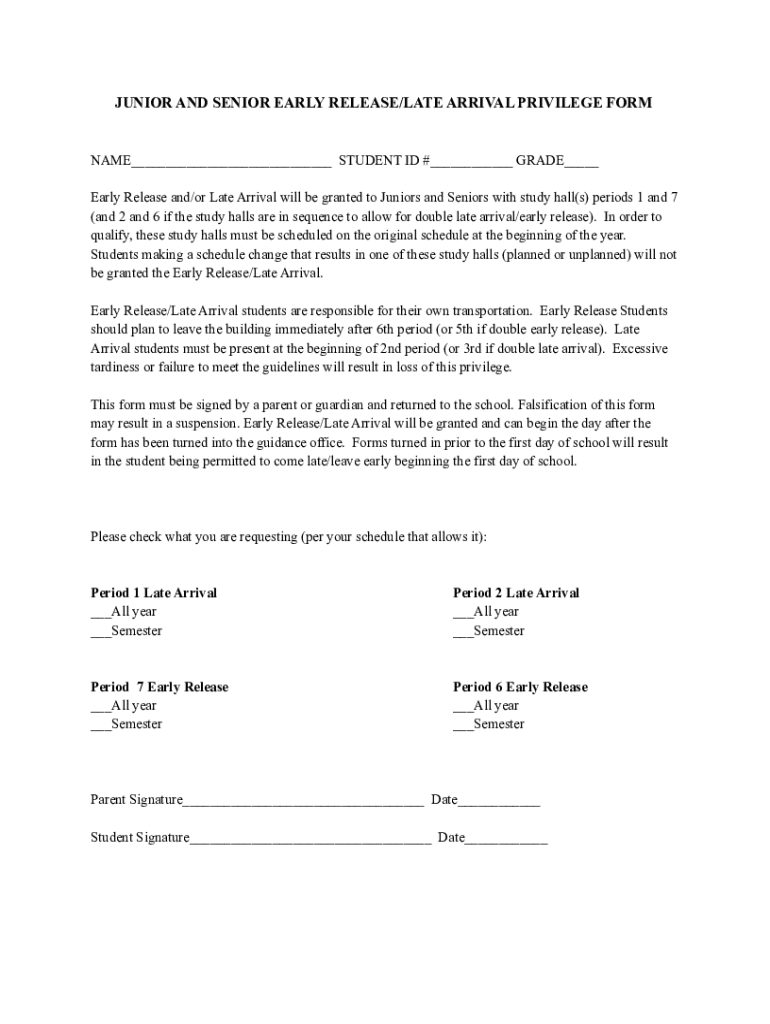 Fillable Online EARLY RELEASE/LATE ARRIVAL PRIVILEGE FORM Fax Email Print - pdfFiller