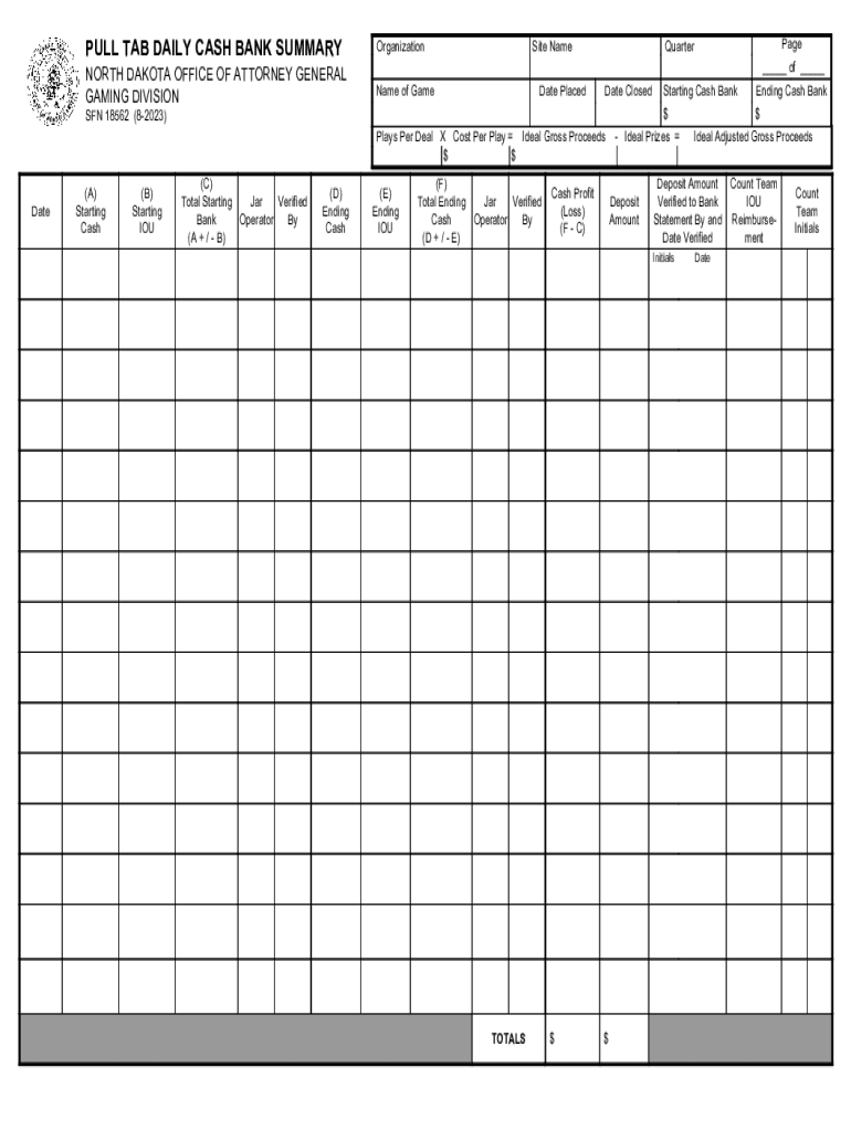 Fillable Online PULL TAB DAILY CASH BANK SUMMARY Fax Email Print ...