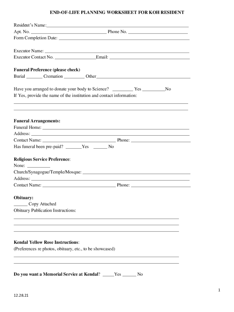 Fillable Online end-of-life planning worksheet for KOH residence Fax ...