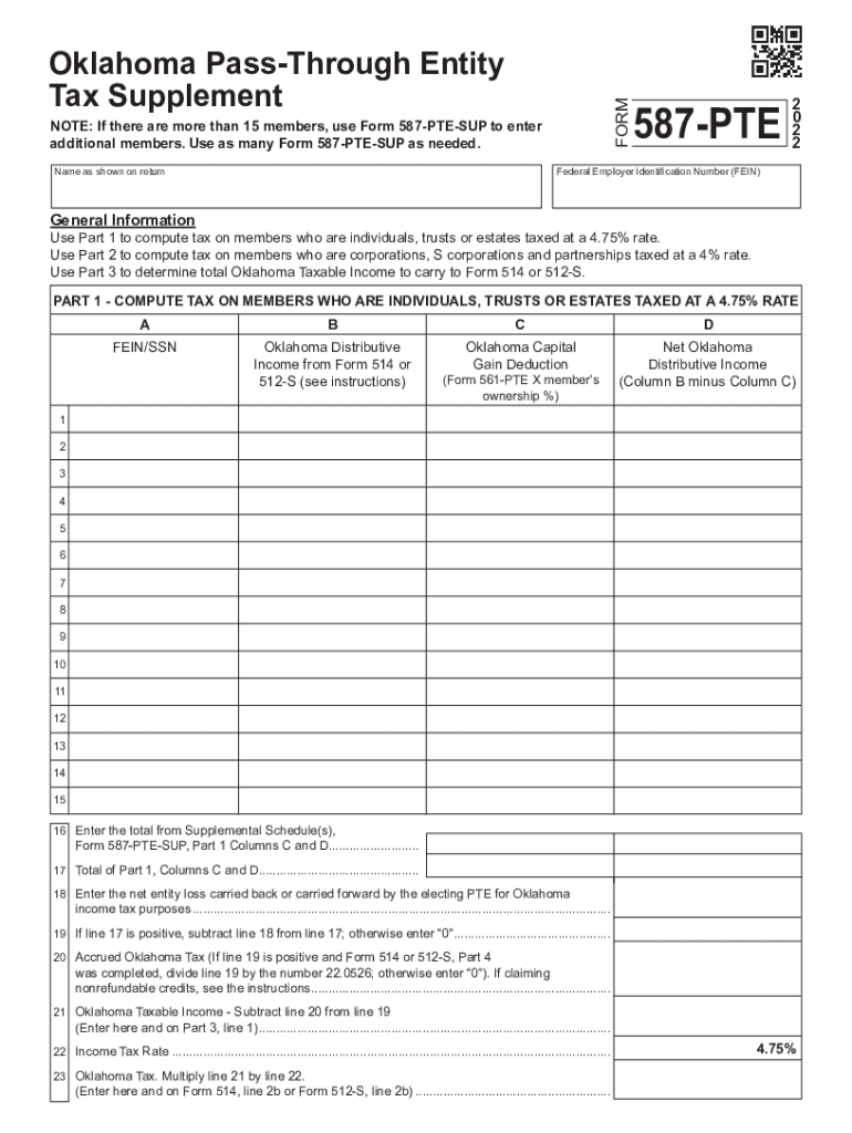 Fillable Online 2022 Form 587-PTE Oklahoma Pass-Through Entity Tax Supplement Fax Email Print ...
