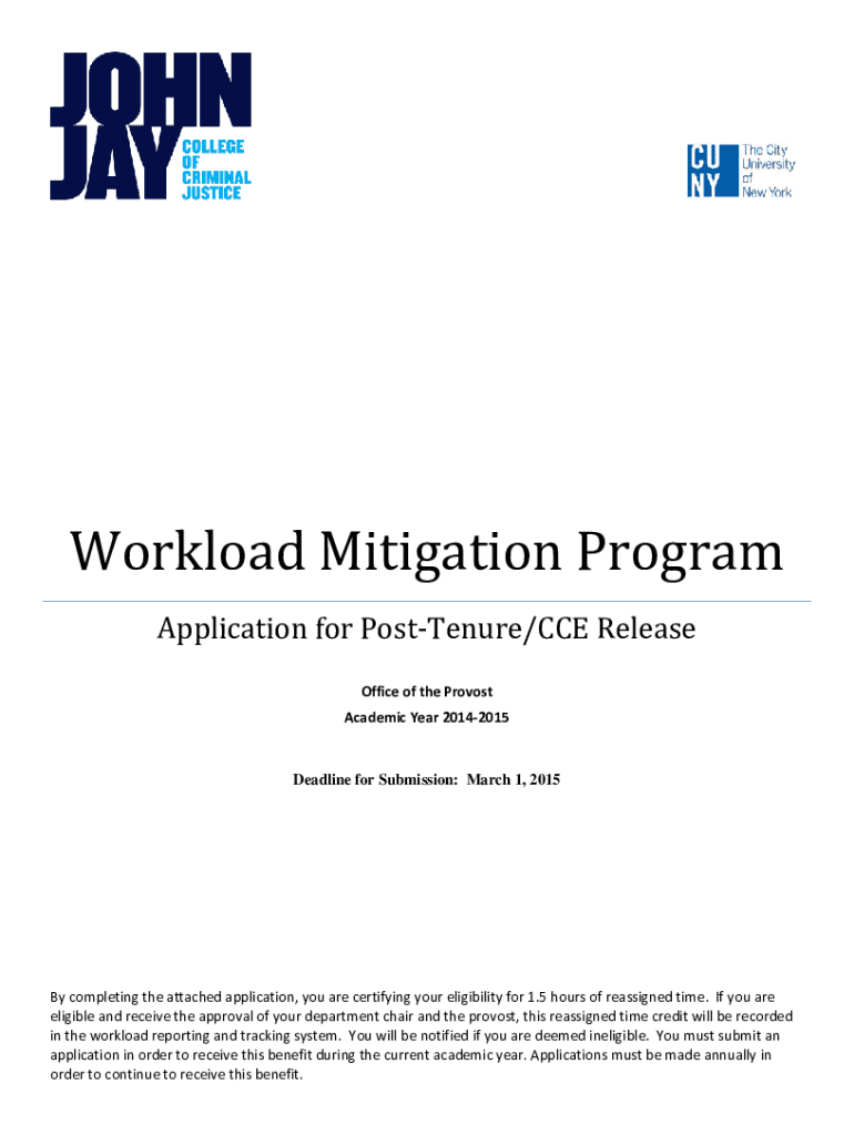 Fillable Online jjay cuny Workload Mitigation Program. Application for Post-Tenure/CCE Release ...