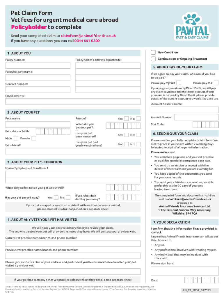 Fillable Online Pet Claim Form Vet fees for urgent medical care abroad ...