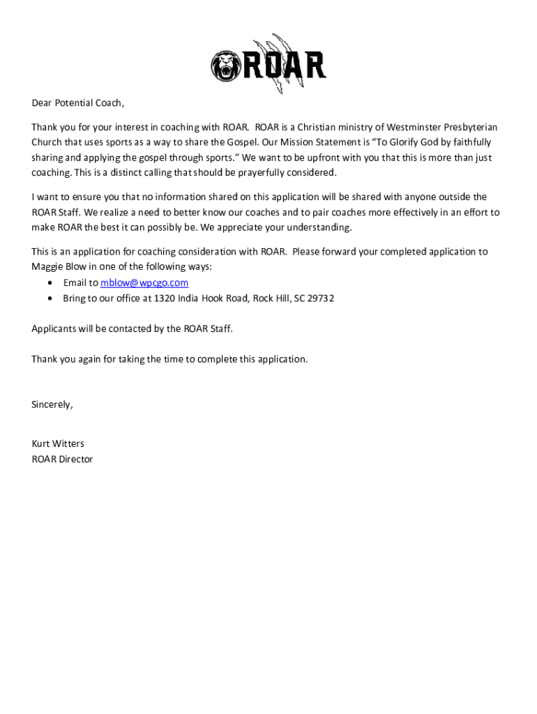 Fillable Online ROAR Coach Application - cloudfront.net Fax Email Print - pdfFiller