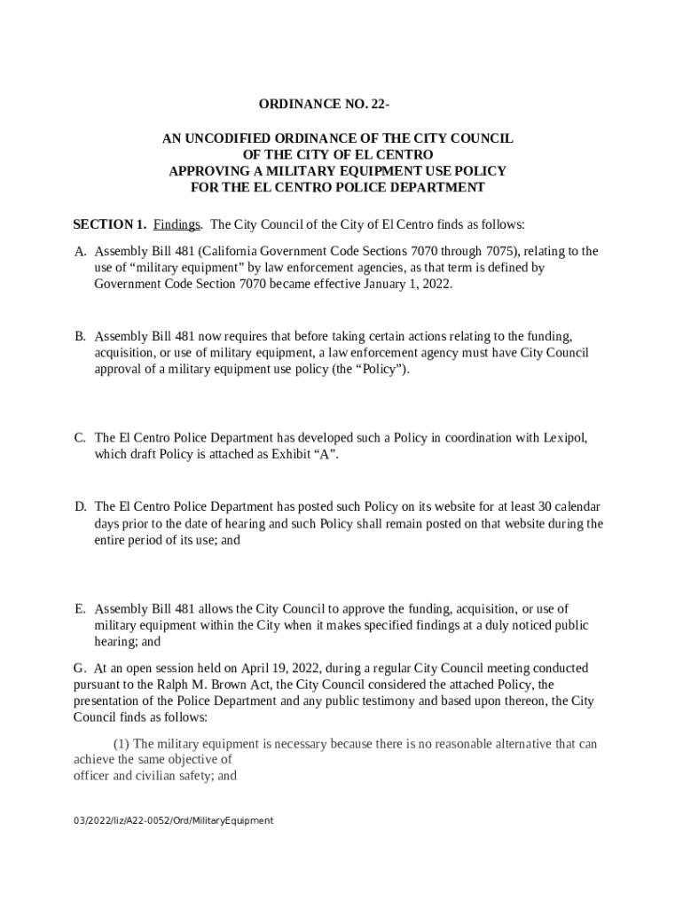 Ordinance No. 22-04Code of OrdinancesEl Centro, CA Doc Template | pdfFiller