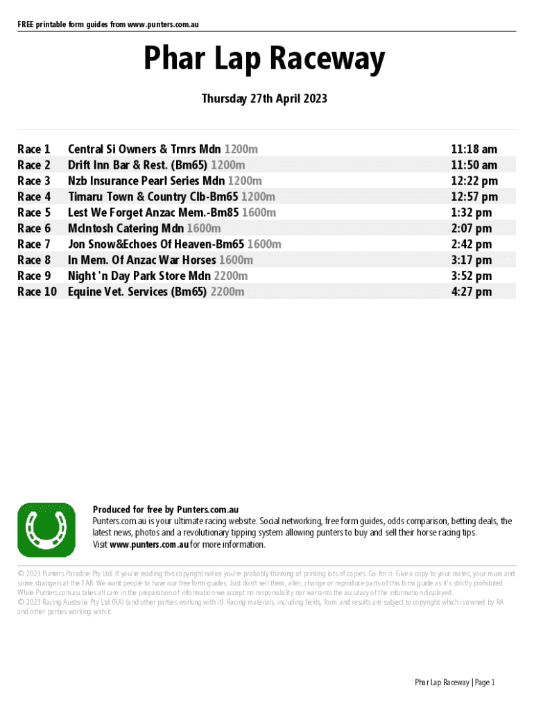 Fillable Online Phar Lap Raceway Printable Form Guide - Thursday 27th ...