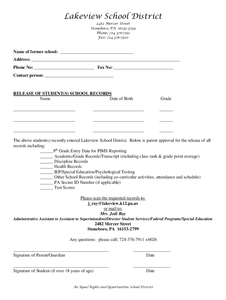 Fillable Online Lakeview School District - PAStoneboro PA Fax Email Print - pdfFiller