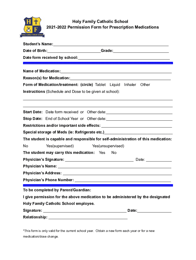 Fillable Online HFS Med Permission Form - Holy Family Catholic School Fax Email Print - pdfFiller