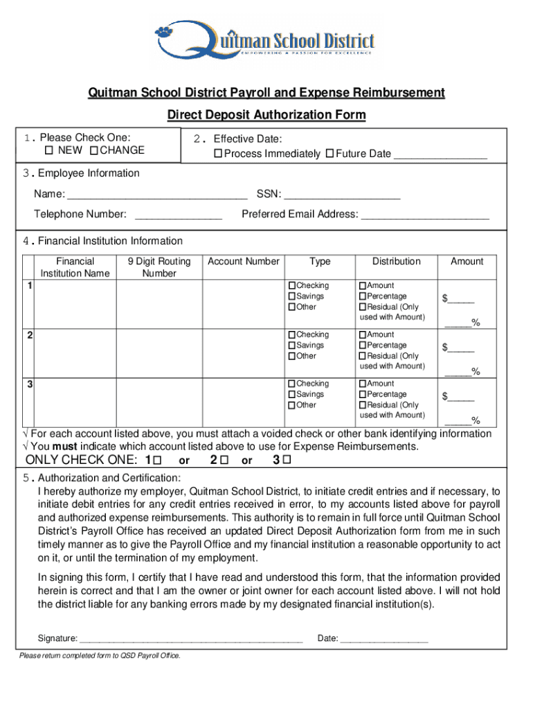 Fillable Online Payroll Bank Authorization Form for Direct Deposit ...