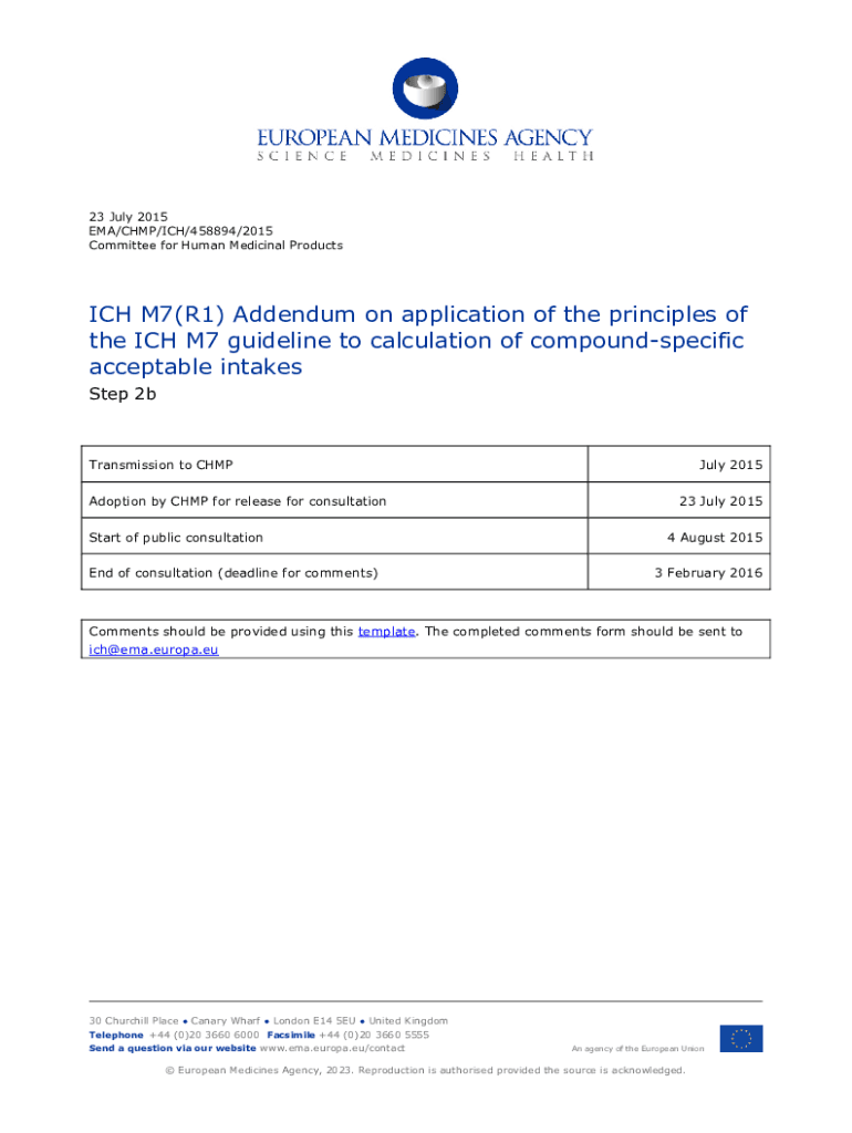 Fillable Online ICH M7(R1) Addendum on application of the principles of ...