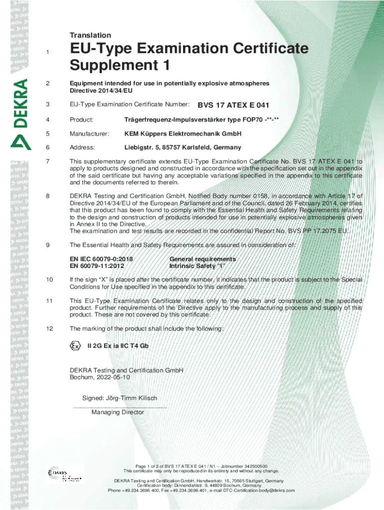 Fillable Online EU-Type Examination Certificate Supplement 1 - Kem ...