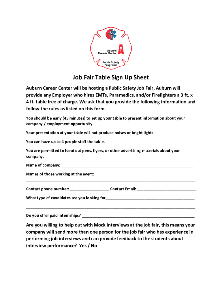 Fillable Online Job Fair Table Sign Up Sheet Fax Email Print - pdfFiller