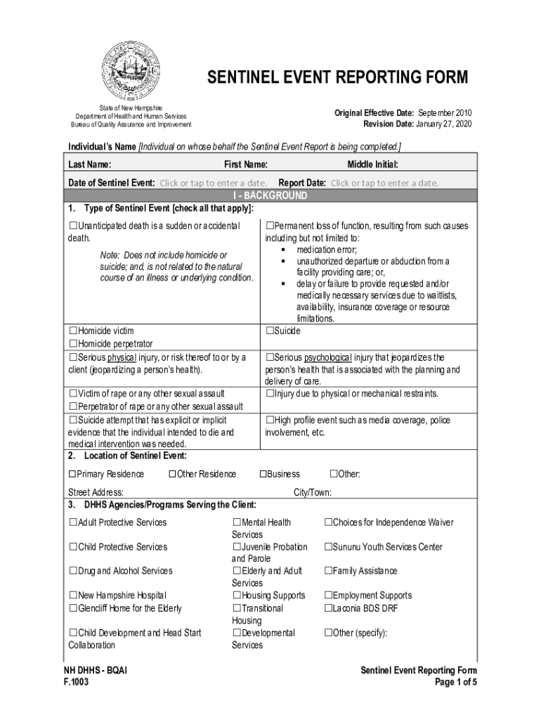 Fillable Online Fillable Online dhhs nh sentinel event new hampshire ...