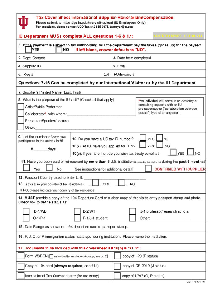 Fillable Online Tax Cover Sheet International Supplier-Honorarium ...