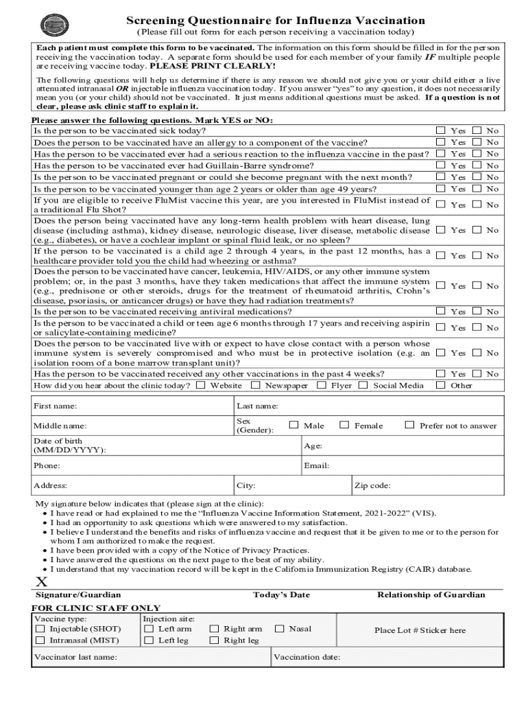 Completable En línea Screening Checklist for Contraindications to ...