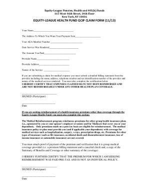 Fillable Online EQUITY-LEAGUE HEALTH FUND QCIP CLAIM FORM (11/ ... Fax ...