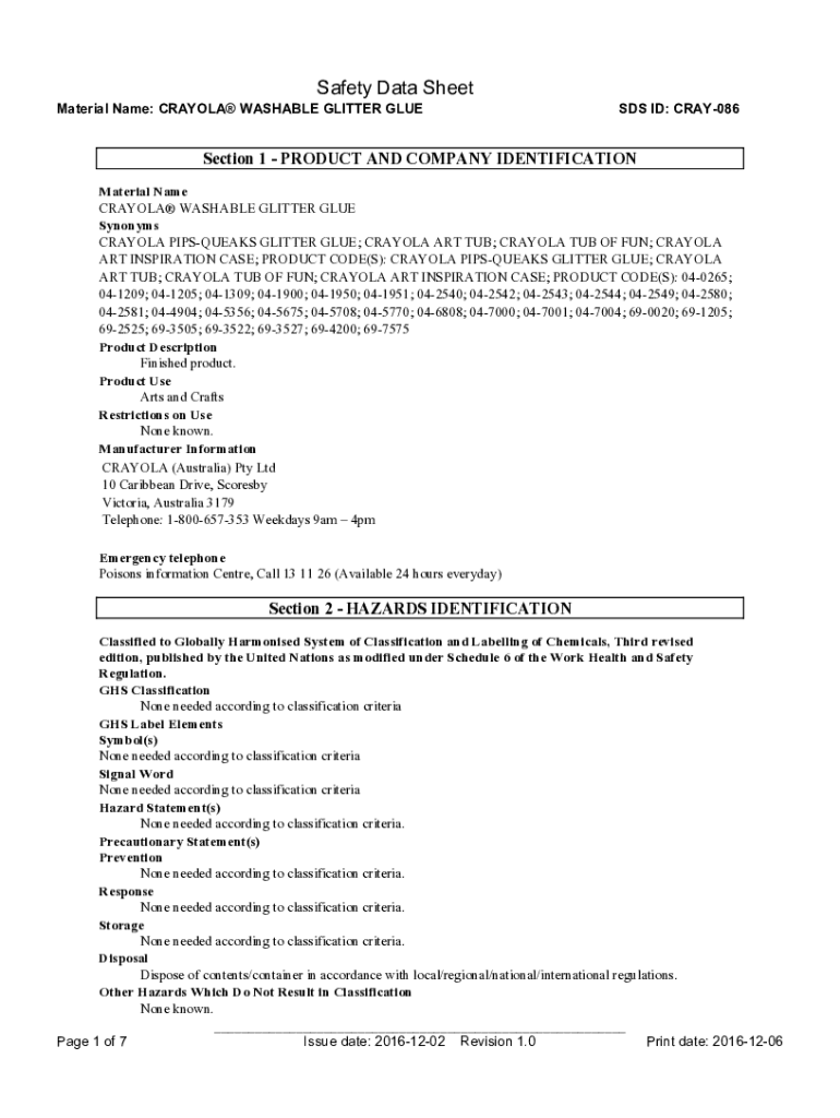 Fillable Online CRAY-086-CRAYOLA WASHABLE GLITTER GLUE-Australia GHS ...