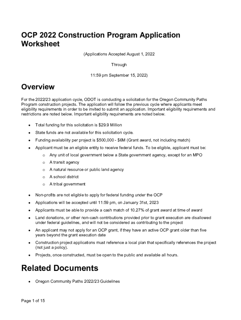 Fillable Online OCP 2022 Construction Program Application Worksheet ...