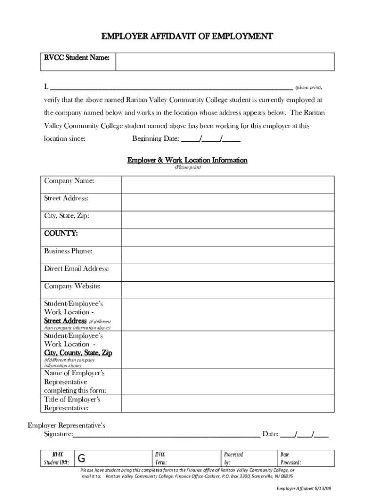 Fillable Online Employer Affidavit Form Raritan Valley Community ...