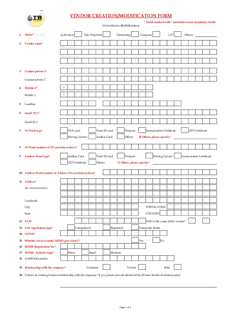 Fillable Online Vendor creation or modification form PDF - Studylib Fax ...