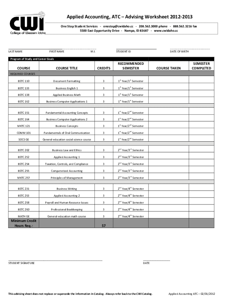Fillable Online Applied Accounting ATC Advising Worksheet.docx Fax ...