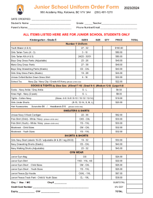 Fillable Online Junior School Uniform Order Form Fax Email Print ...