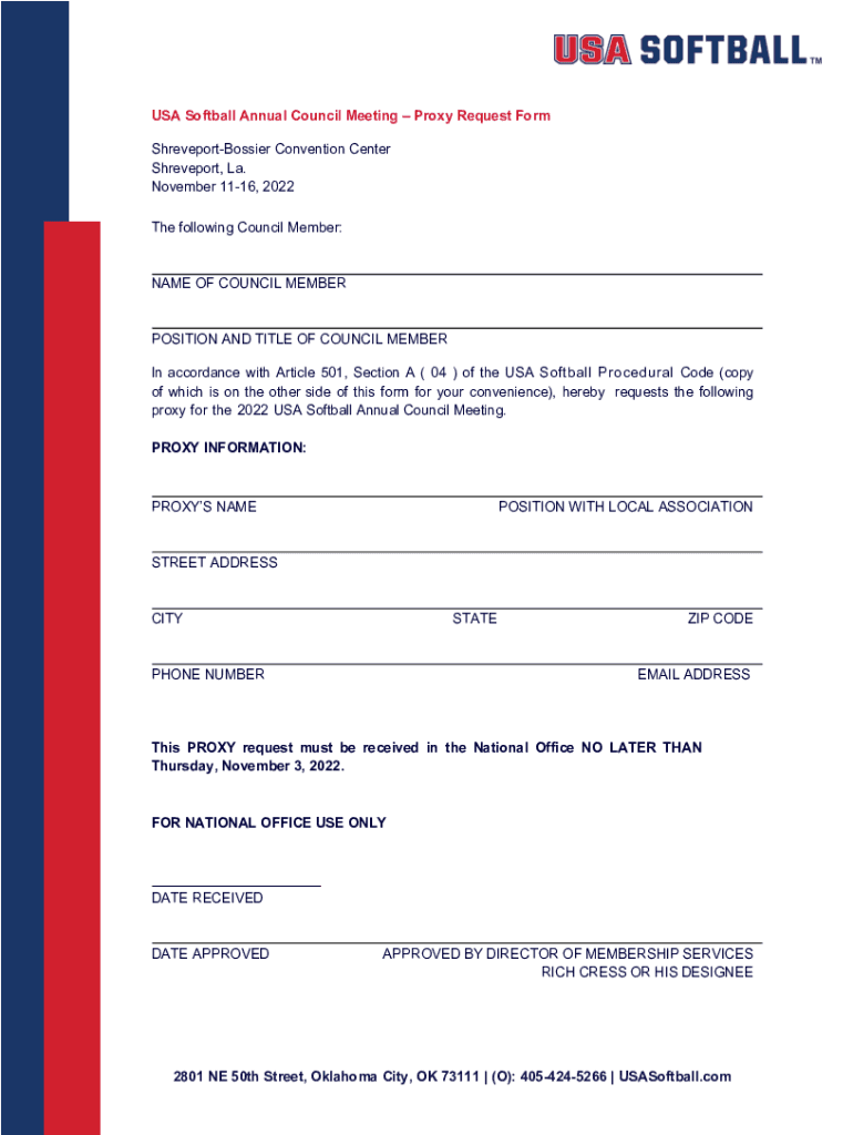 Fillable Online USA Softball Annual Council MeetingProxy Request Form Fax Email Print - pdfFiller