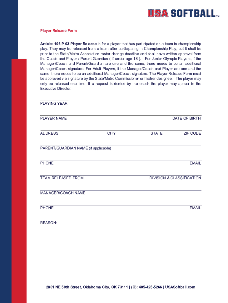 Fillable Online (O): 405-425-5266USASoftball.com Player Release Form ...