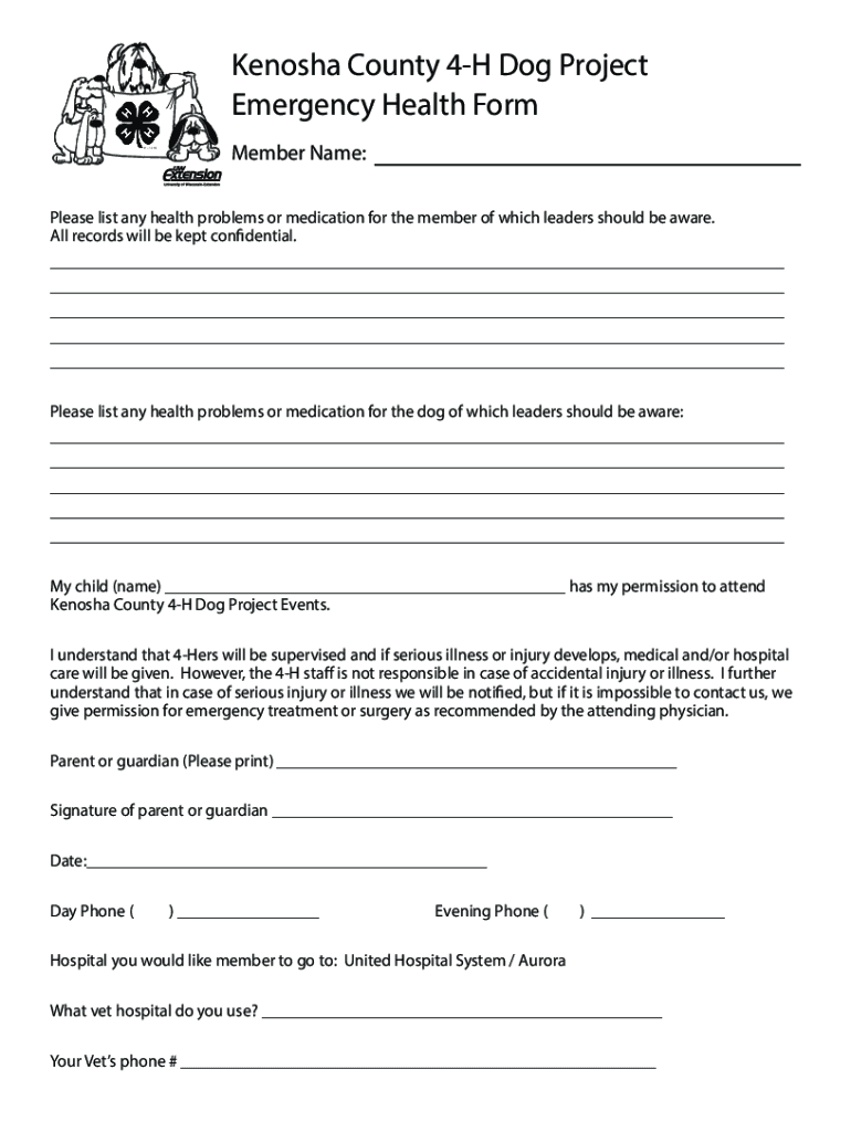 Fillable Online Kenosha County 4-H Dog Project Emergency Health Form ...