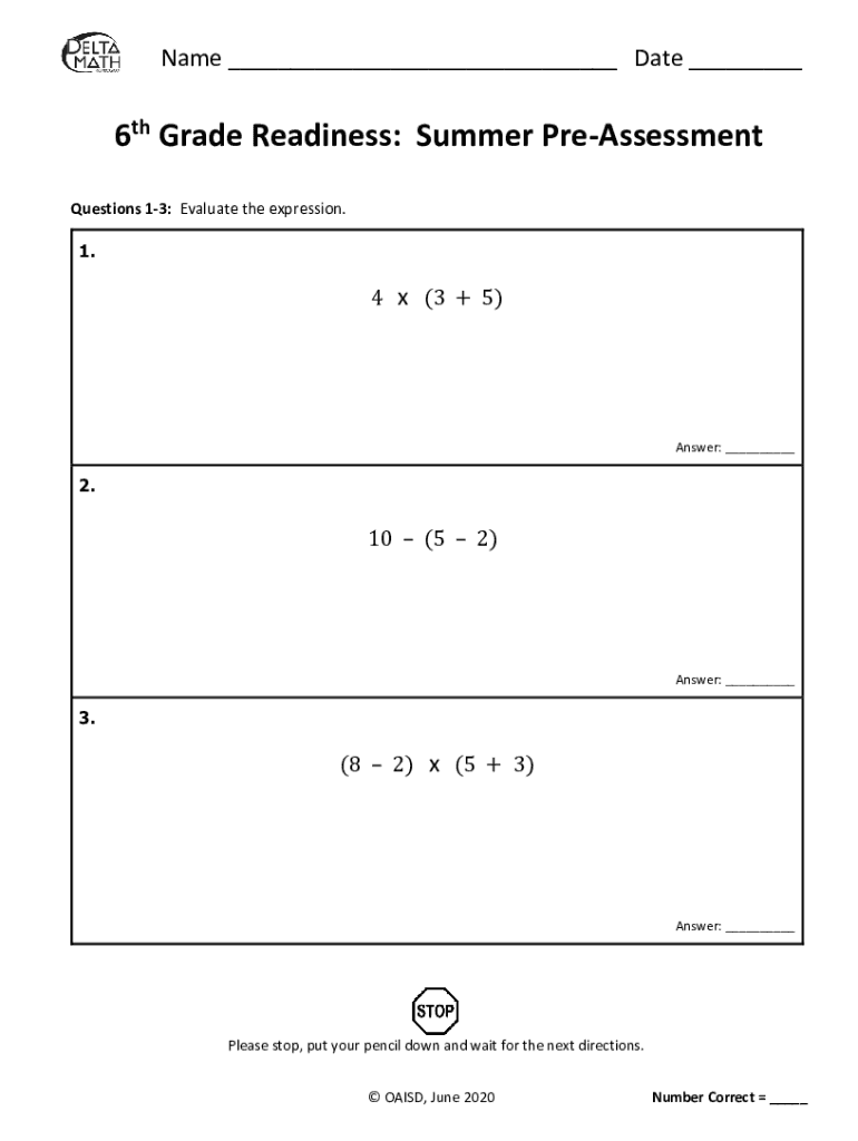Fillable Online 6th Grade Readiness: Summer Pre-Assessment Fax Email ...